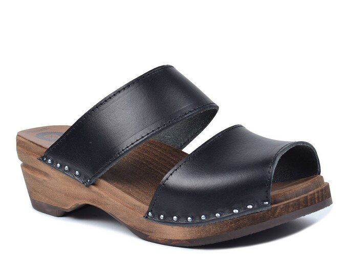 Swedish Women Clog Sandals / Karin Black Leather Clog Sandals / Open ...