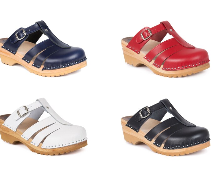 Swedish Women Clog Sandals / Karin Black Leather Clog Sandals / Open ...