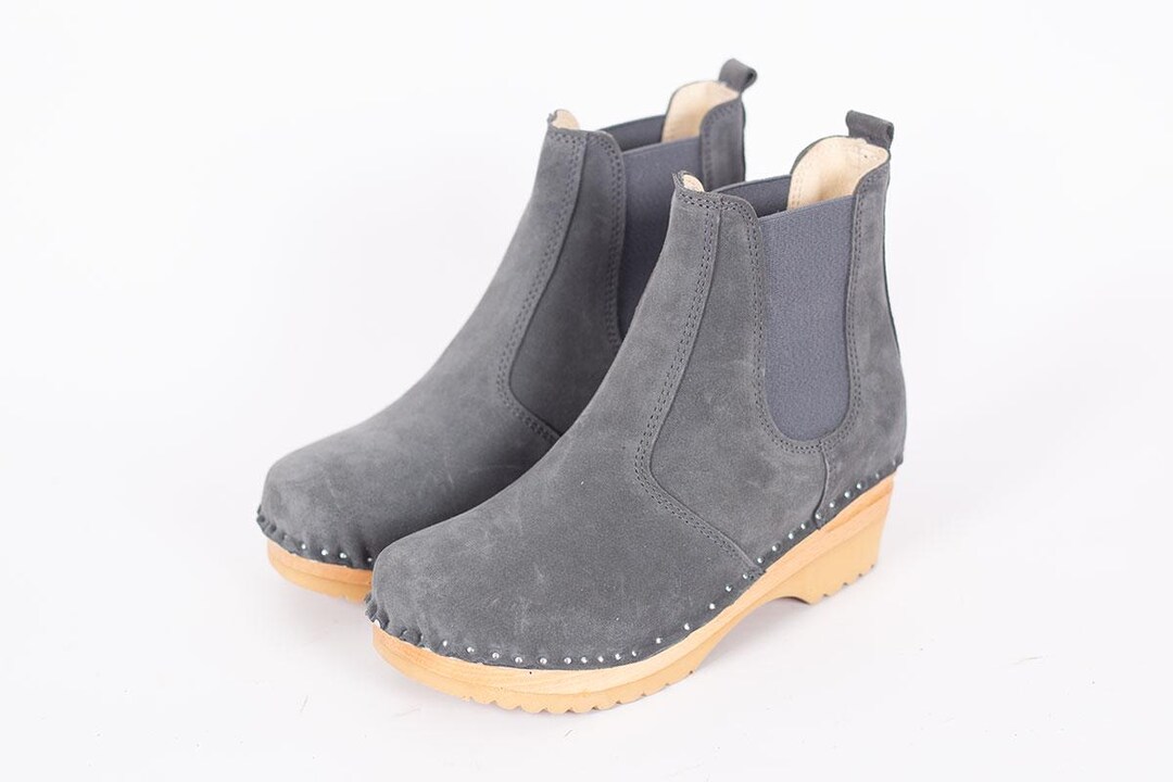 Grey Suede Leather Chelsea Clog Boots - Low Heel Swedish Booties - Etsy