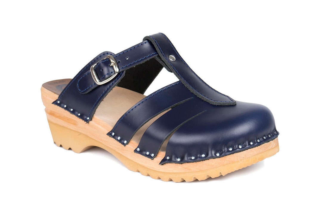 Swedish Comfy Clog Sandals / Mary Jane Dark Blue Leather Sandal ...