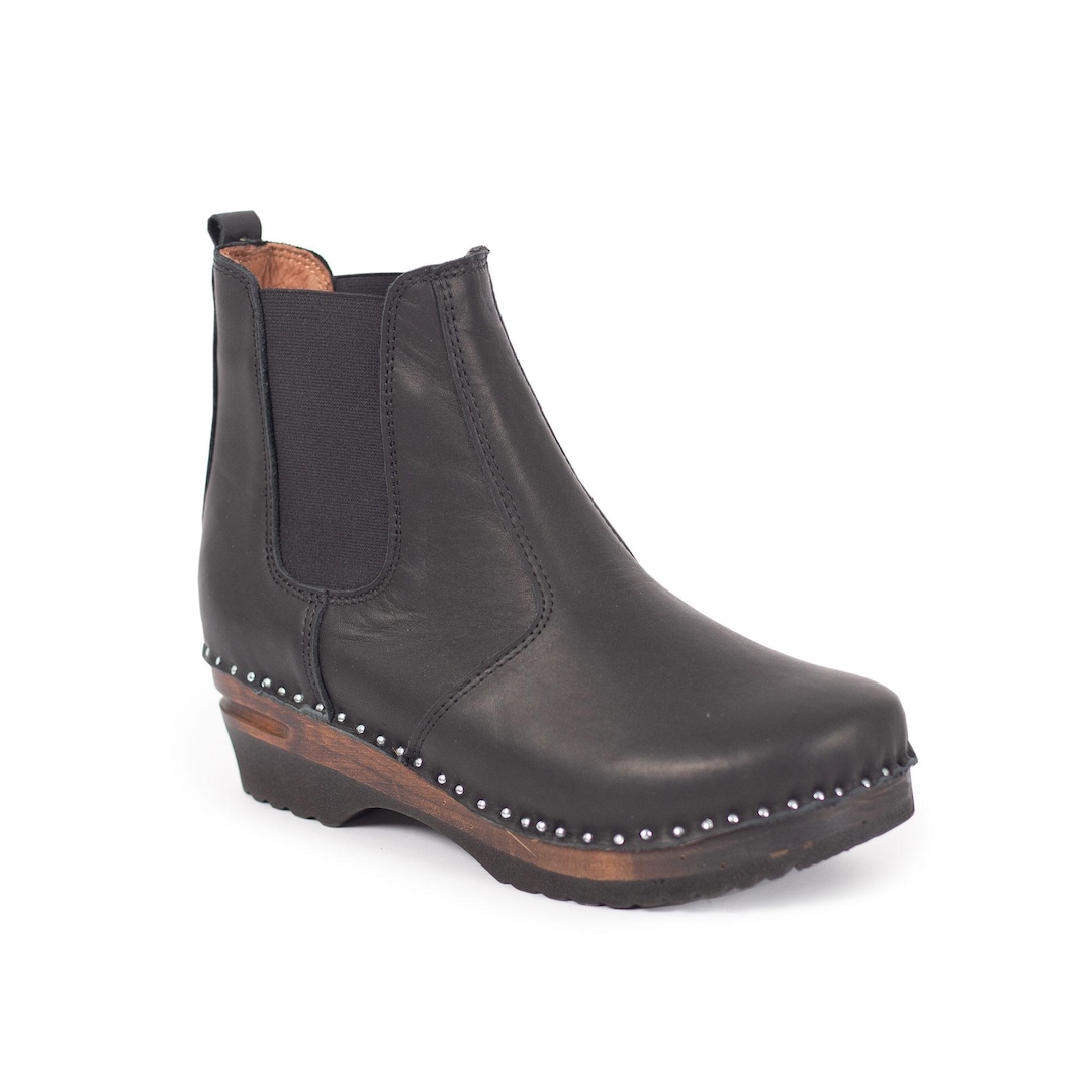 Black Leather Chelsea Clog Boots - Low Heel Swedish Booties - Rockwell ...