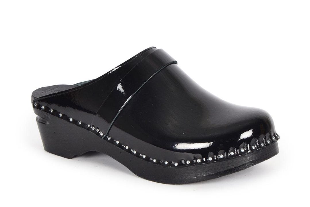 Swedish Black Patent Clogs, Classic Patent Mules, Dark Wood Clogs ...