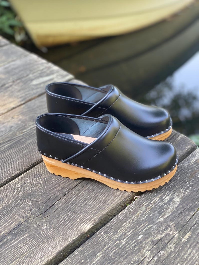 Black Leather Clogs: Troentorp Wooden Base, Arch Support - Etsy