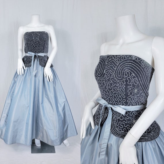 Strapless 1990's Slate Blue Grey Velvet Taffeta Tea L… - Gem
