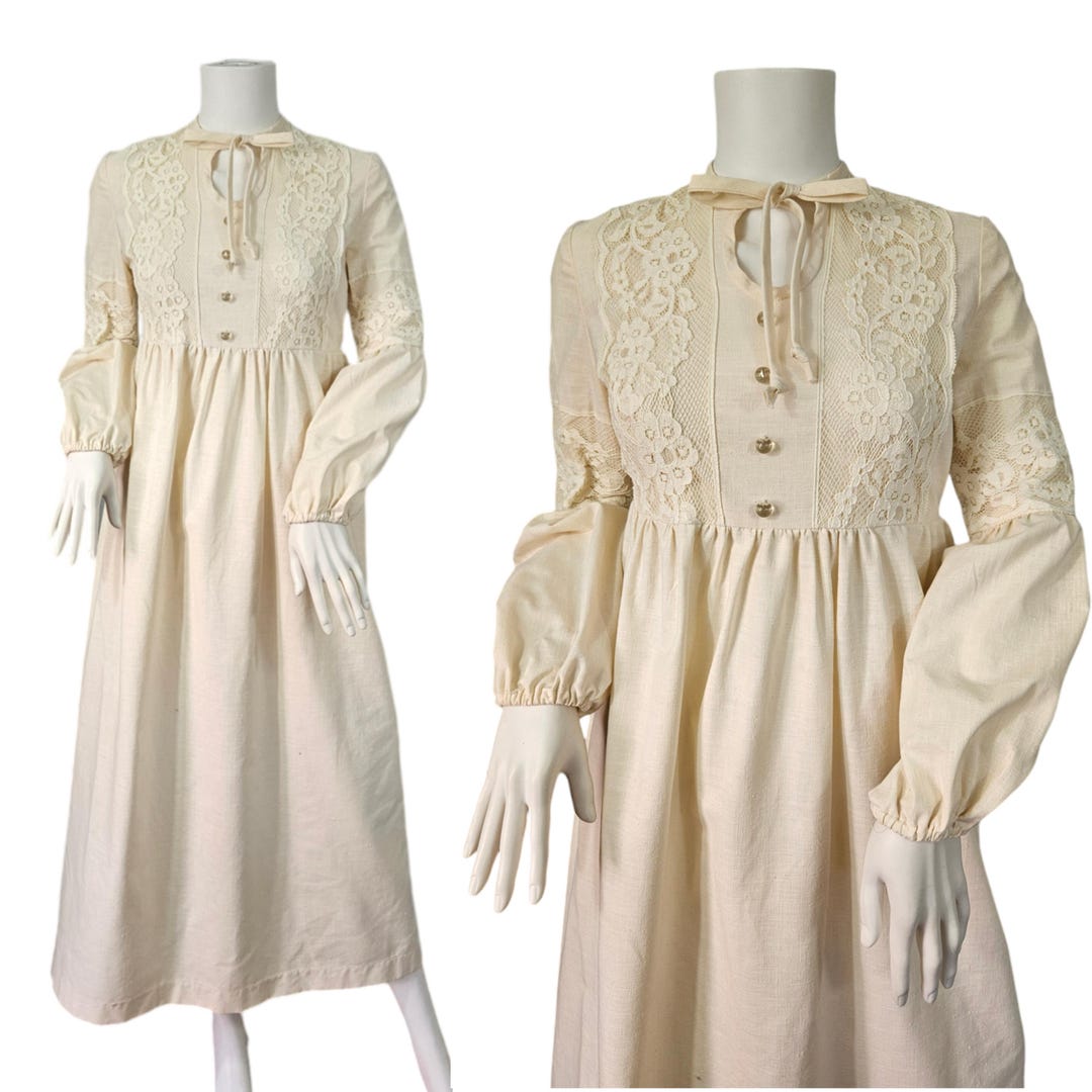 Marla K 1970's Ivory Empire Waist Bridgerton Homespun Cotton Maxi Dress ...