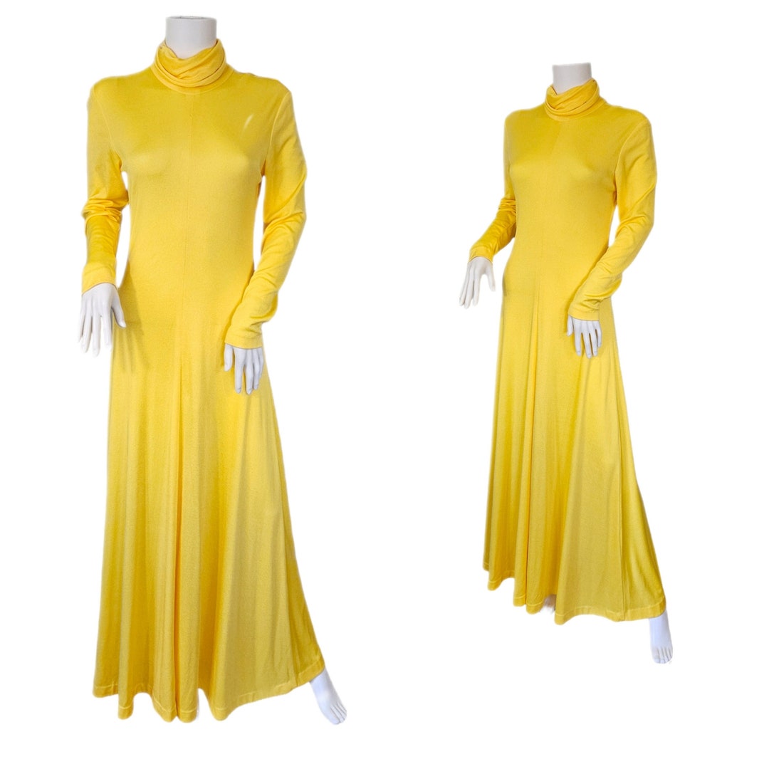 Joy Stevens 1970's Bright Yellow Turtle Neck Long Slinky Maxi Dress I ...