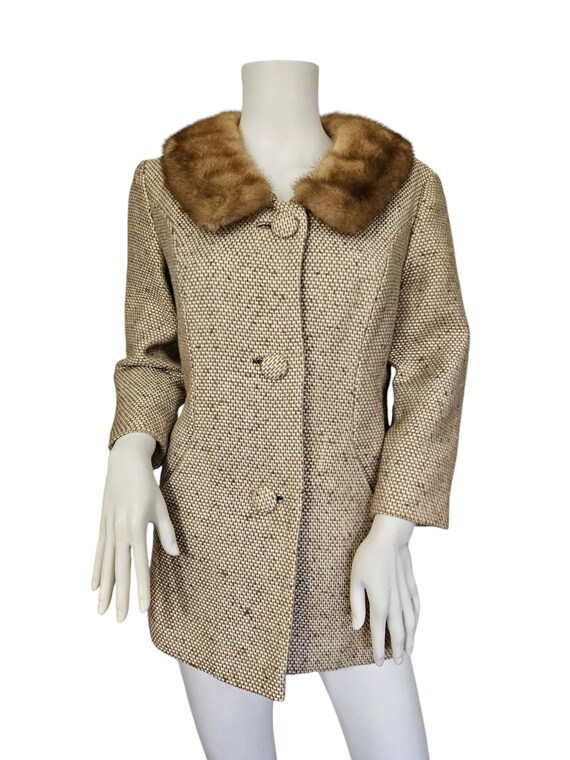 1960's Tan Tweed Mink Collar Wool Midi Length Coat I … - Gem