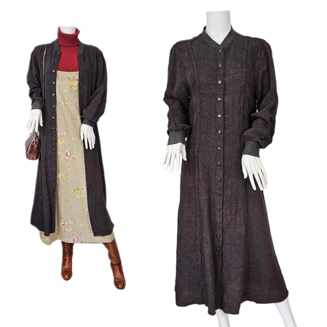 Jeanne Engelhart Flax 1990's Heather Grey Linen Button Down Dress I Sz ...