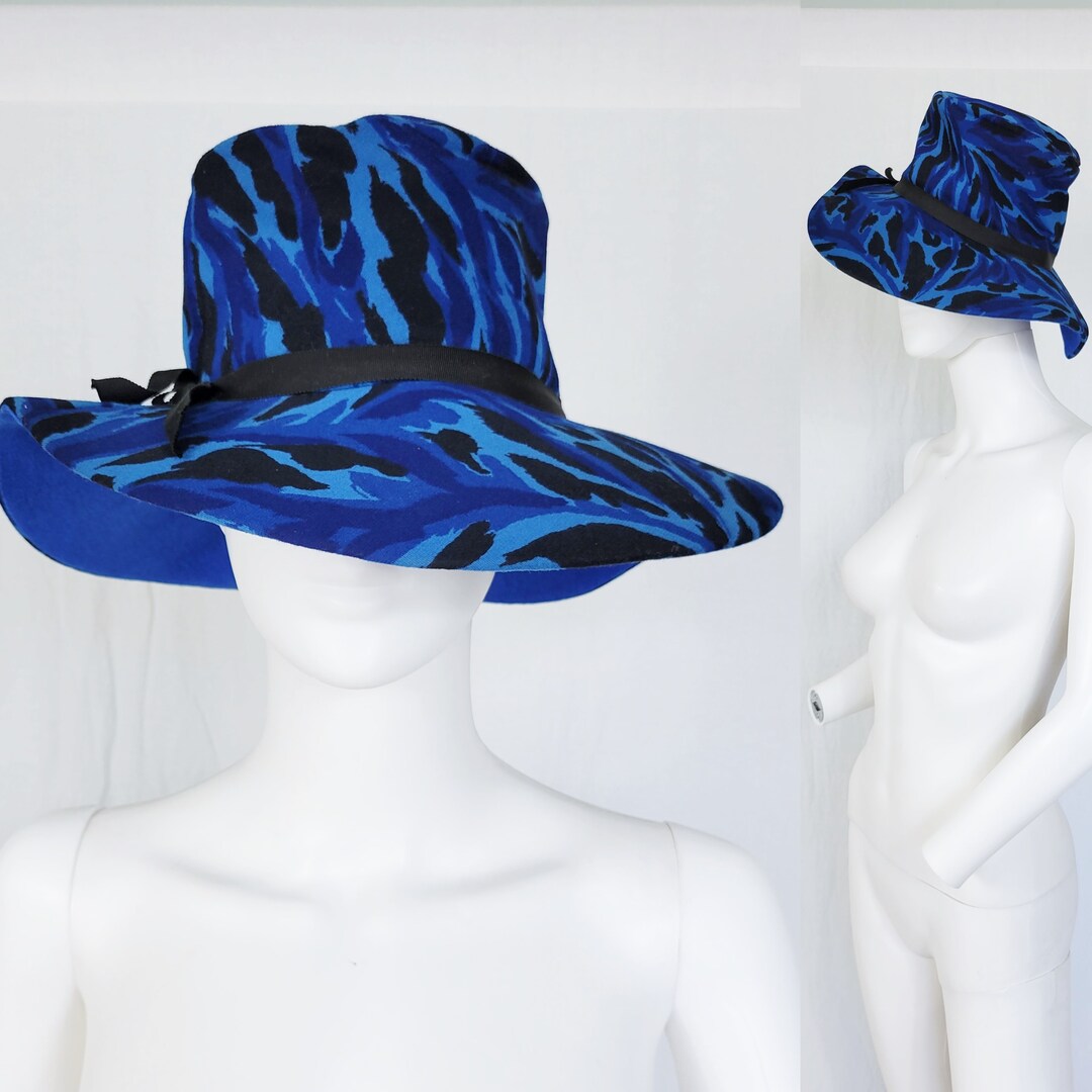 1970's Royal Blue Leopard Print Fabric Wide Brim Fedora Hat I Sz 20.5 I ...