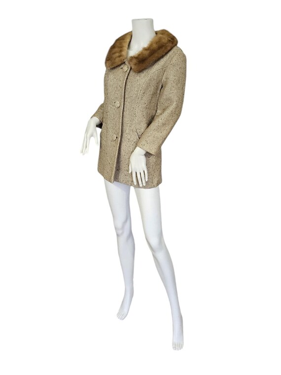 1960's Tan Tweed Mink Collar Wool Midi Length Coat I … - Gem