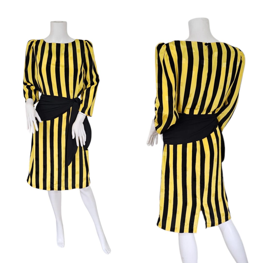 1980's Yellow Black Striped Poly New Wave Dress I Sz Med I Sash Waist ...
