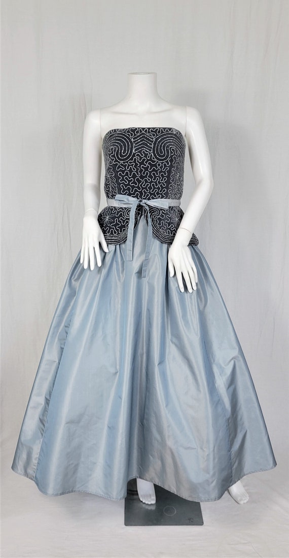 Strapless 1990's Slate Blue Grey Velvet Taffeta Tea L… - Gem