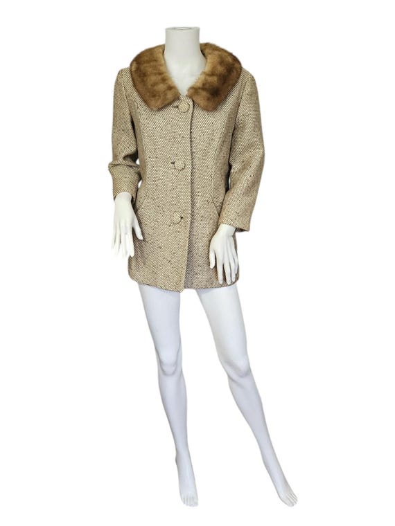 1960's Tan Tweed Mink Collar Wool Midi Length Coat I … - Gem