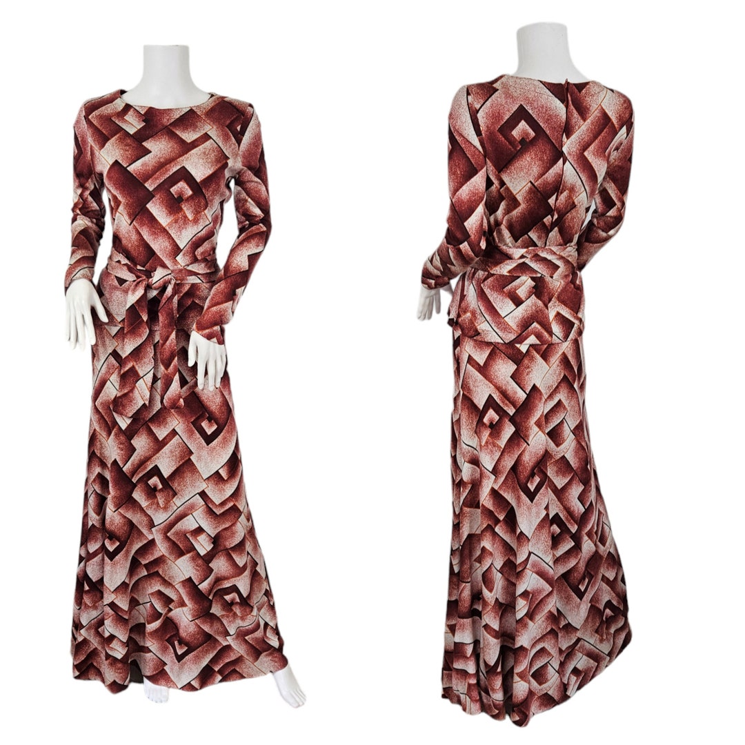 Miss Magnin 1970's Art Deco Geometric Print Maroon 2pc Skirt Top Maxi ...
