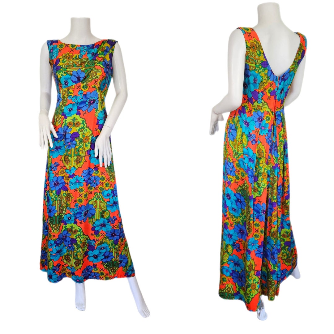 Hawaiian Togs 1970's Psychedelic Neon Blue Orange Floral Maxi Dress I ...