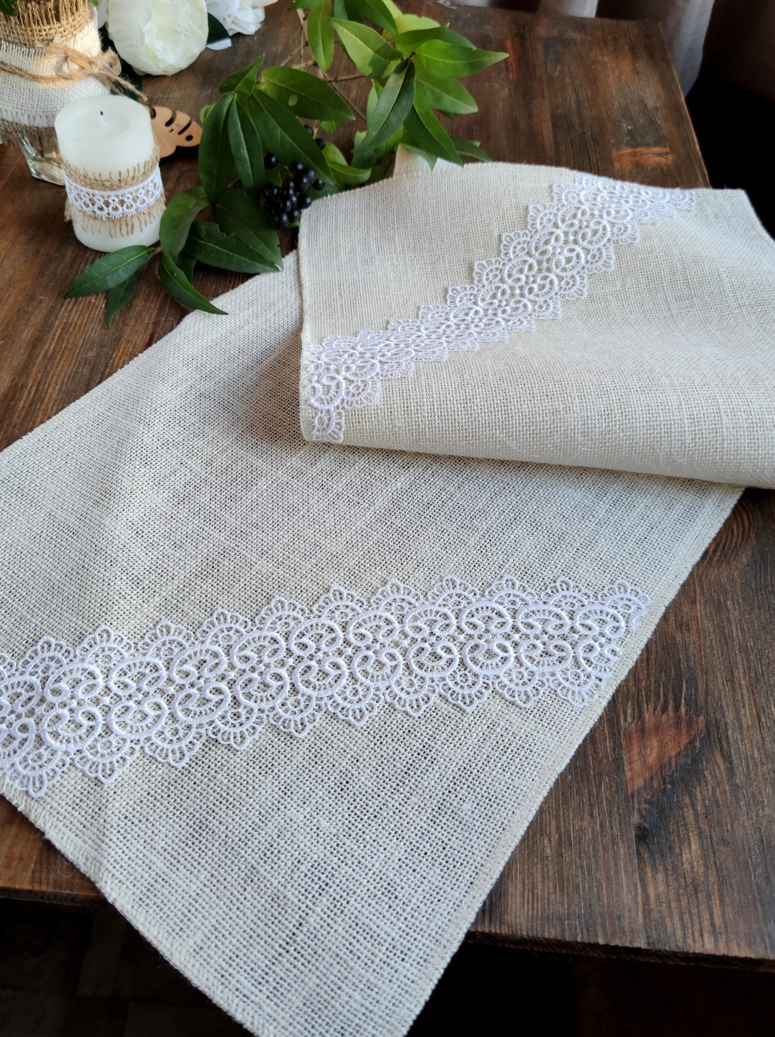 Wedding Table Runner, Ivory Burlap Table Runner With White Lace ...