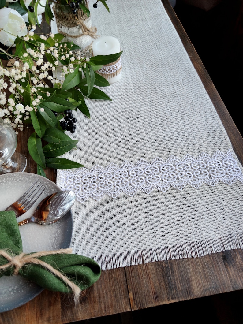 Ivory Burlap Table Runner With White Lace, Wedding Table Runner Fringed ...