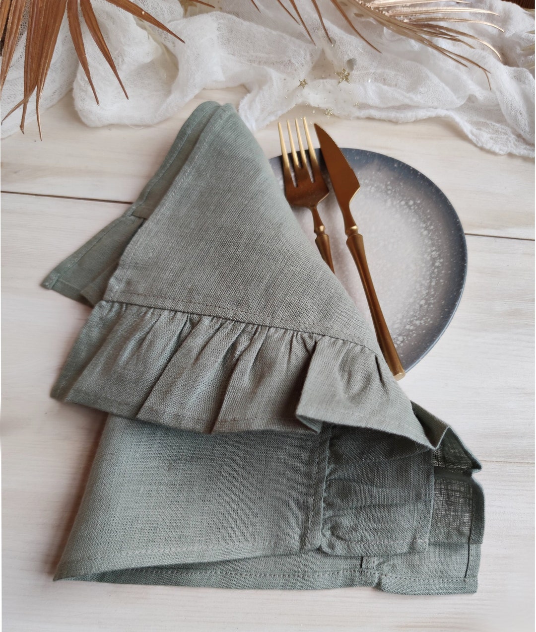 Linen Tea Towel Ruffled Set, Stonewashed Soft Dish Towel 40+ Colors ...