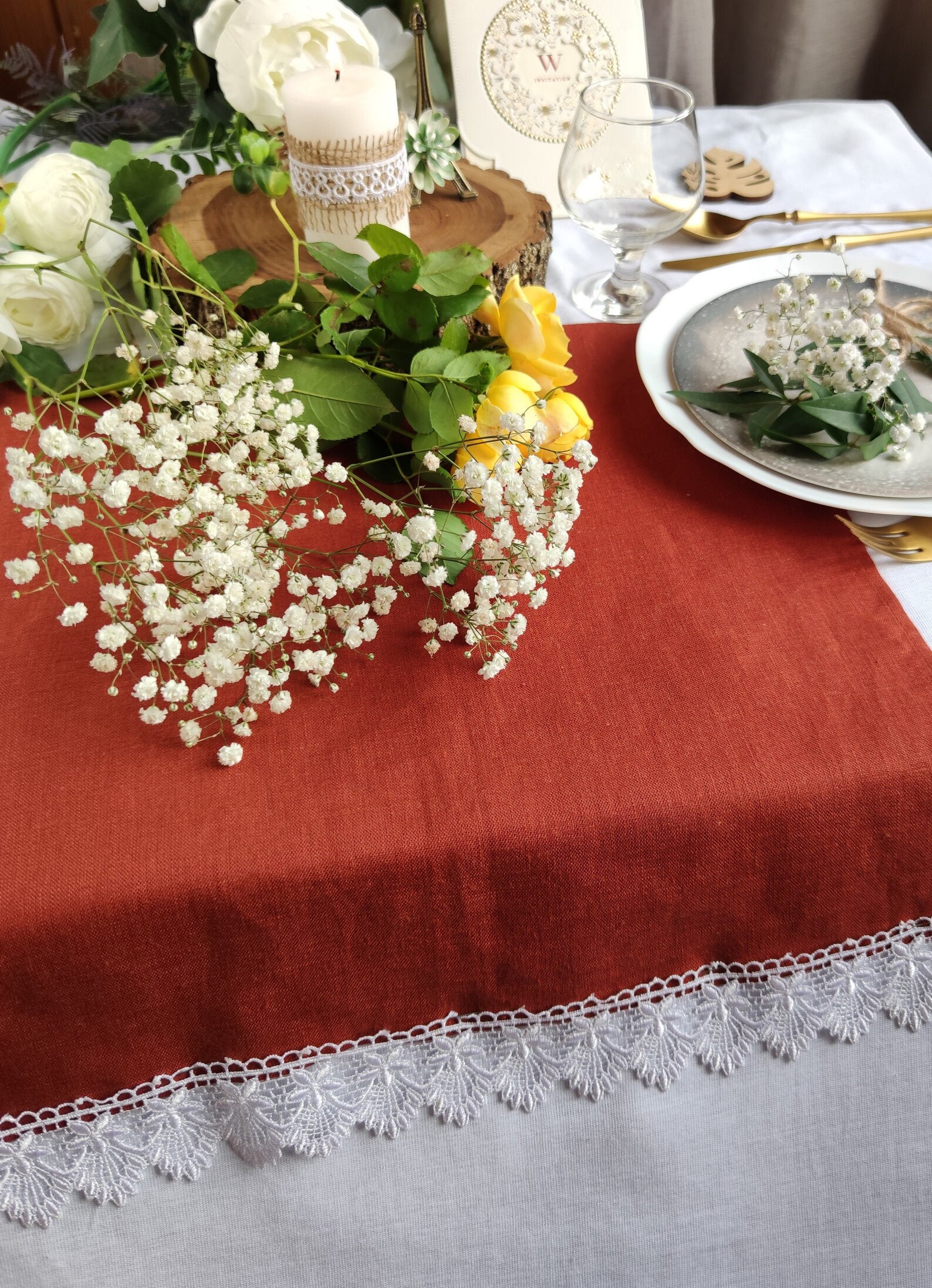 Linen Table Runner With Elegant White Lace – Burnt Orange Farmhouse ...