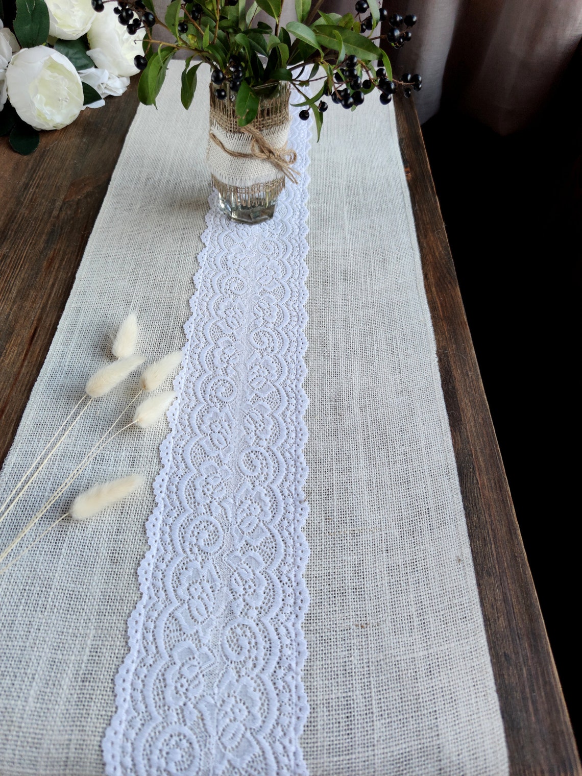 Burlap Table Runner Farmhouse, Ivory Burlap Table Runner With White ...