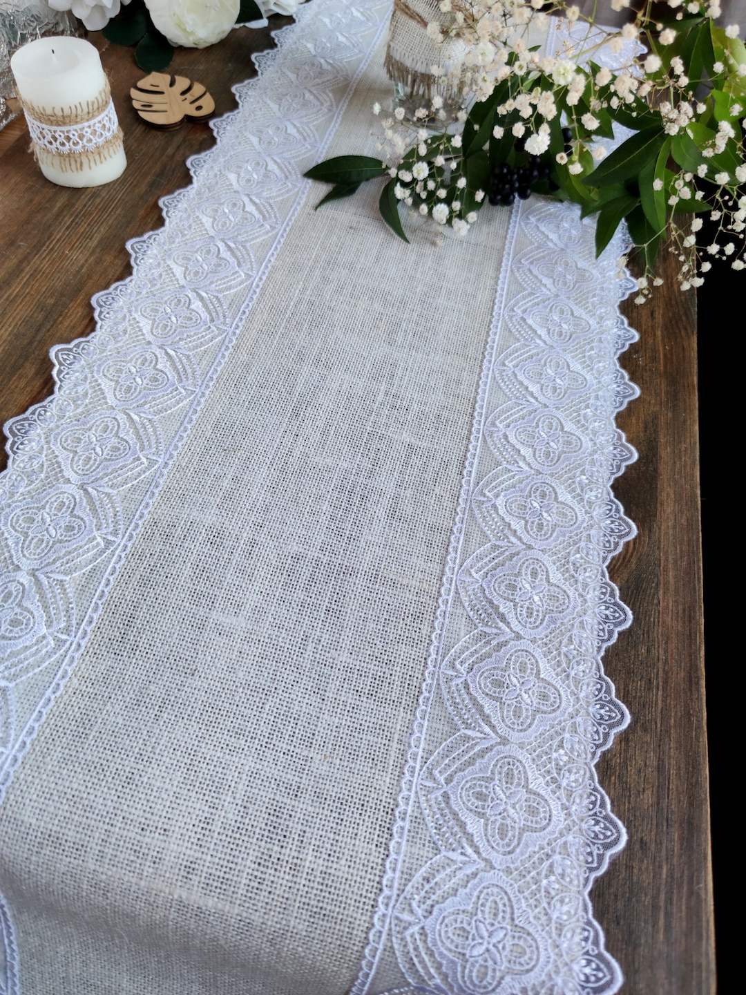 Wedding Table Runner, Ivory Burlap Table Runner With White Lace, Jute ...