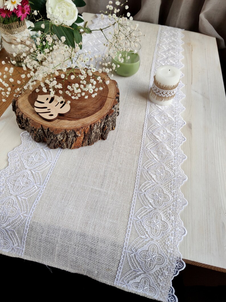Wedding Table Runner, Ivory Burlap Table Runner With White Lace, Jute ...