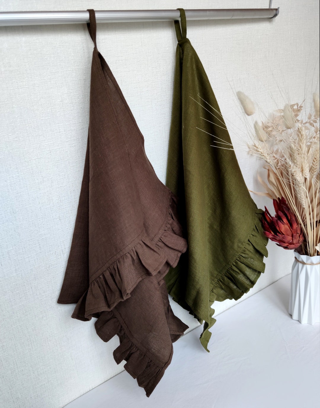 Olive Green Washed Soft Linen Ruffled Tea Towel - Handmade Kitchen ...