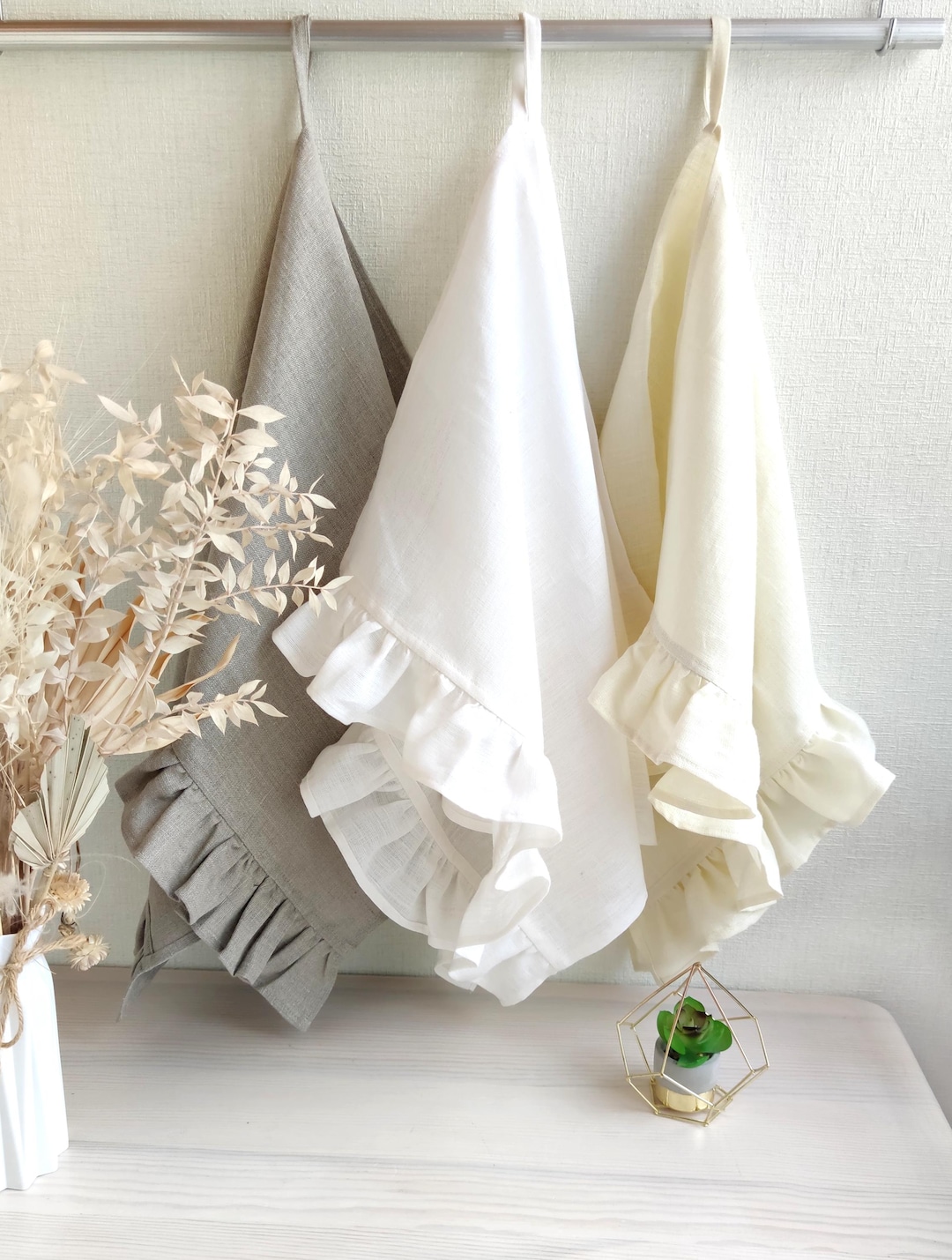 Soft Linen Kitchen Towels, Ruffled Tea Towel Set, Linen Dish Towel ...