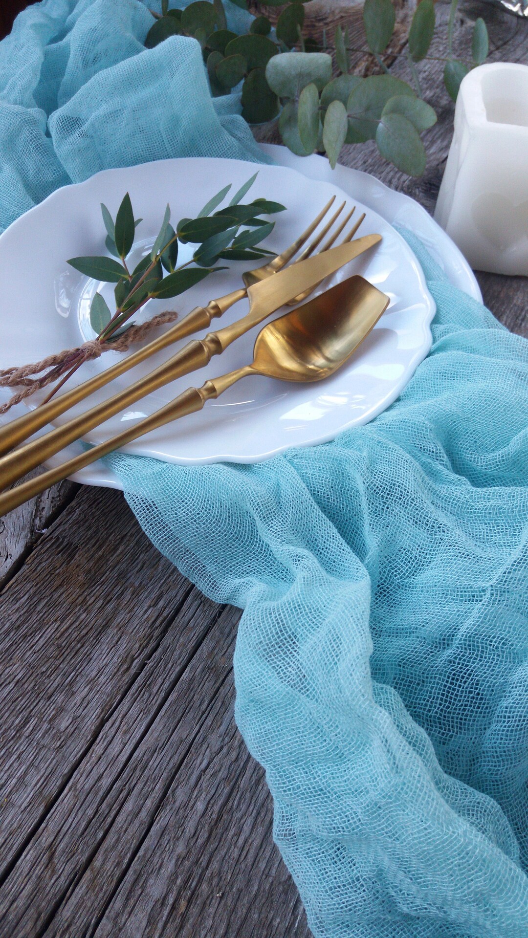Rustic Aqua Table Runner, Cheese Cloth Table Runner, Boho Wedding Decor ...