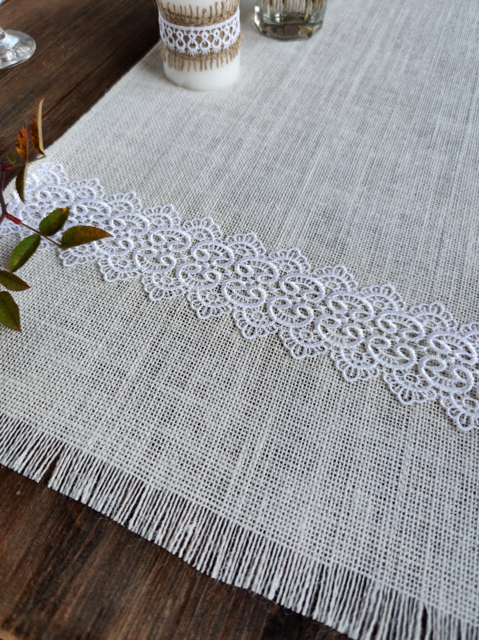 Ivory Burlap Table Runner With White Lace, Wedding Table Runner Fringed ...