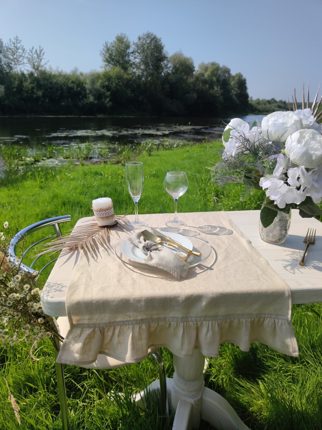 Linen Table Runner With Ruffle, Sand Linen Tablecloth, Washed Soft ...