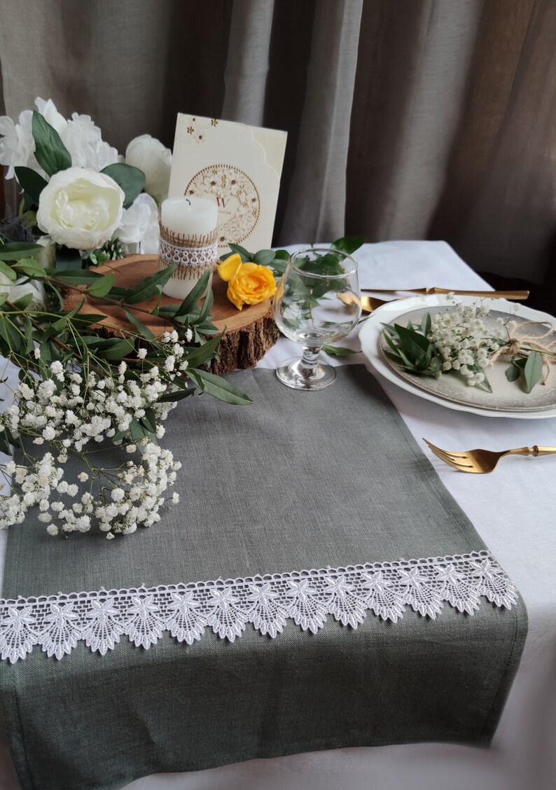 Dark Grey Linen Table Runner With White Lace Linen Table - Etsy