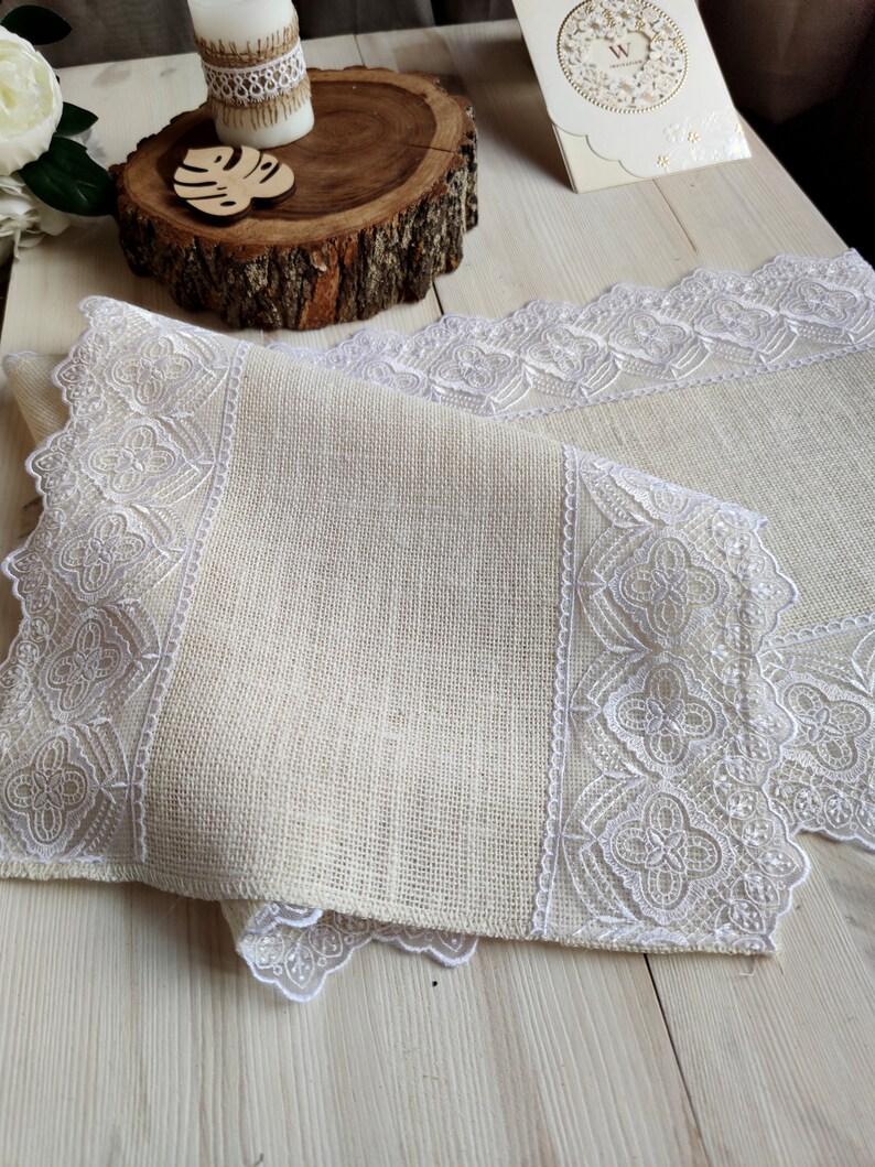 Wedding Table Runner, Ivory Burlap Table Runner With White Lace, Jute ...