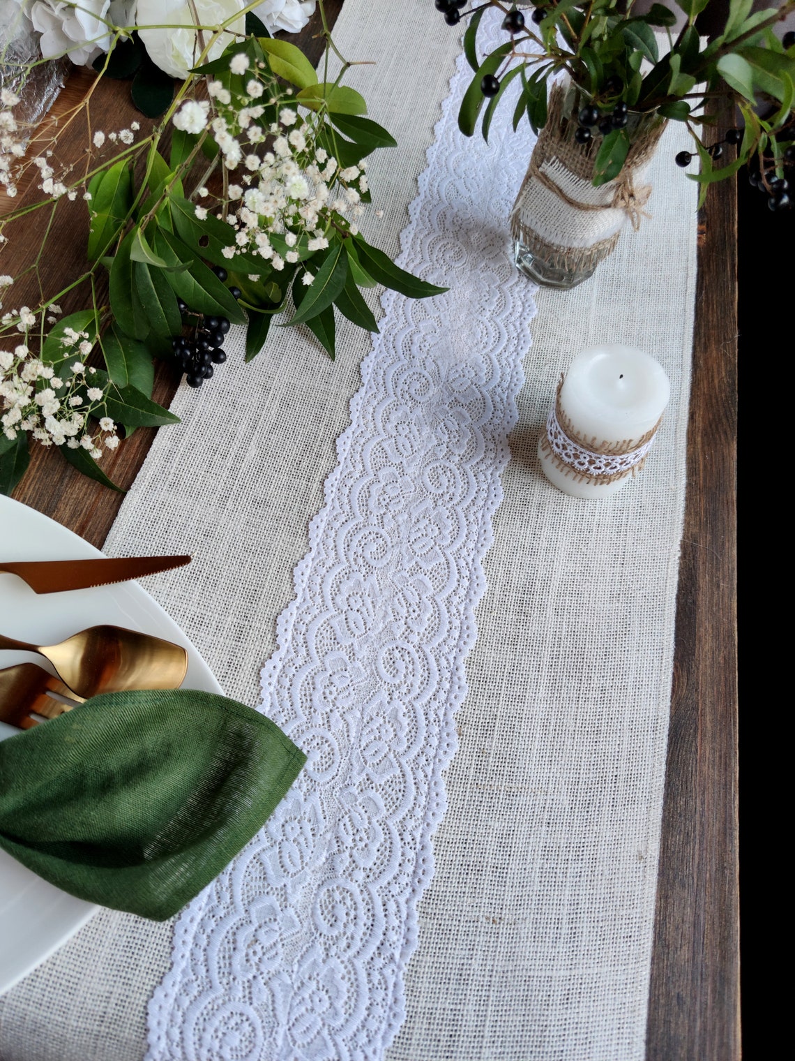 Burlap Table Runner Farmhouse, Ivory Burlap Table Runner With White ...