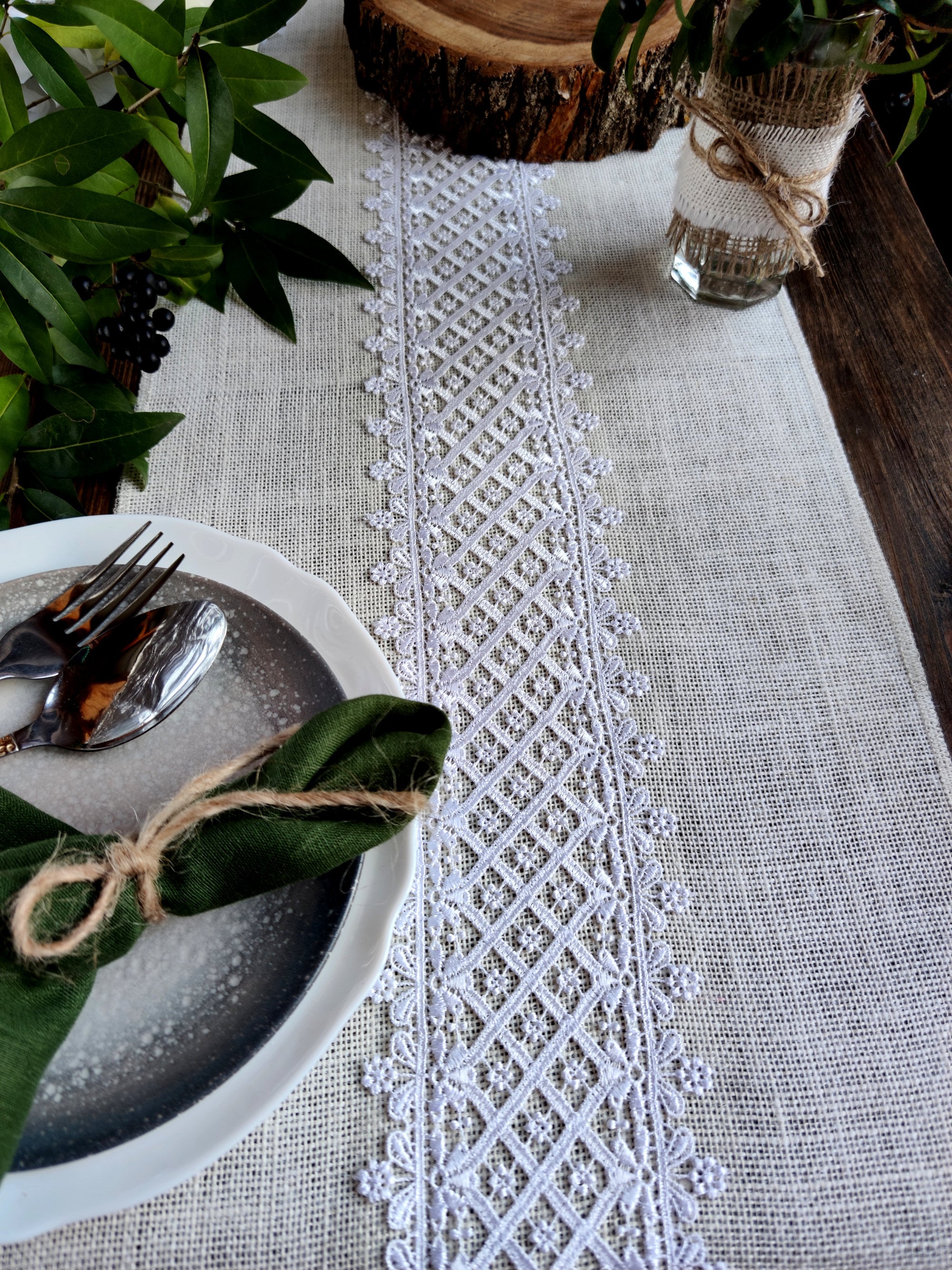 Ivory Burlap Table Runner With White Lace, Burlap Runner for Tabletop ...