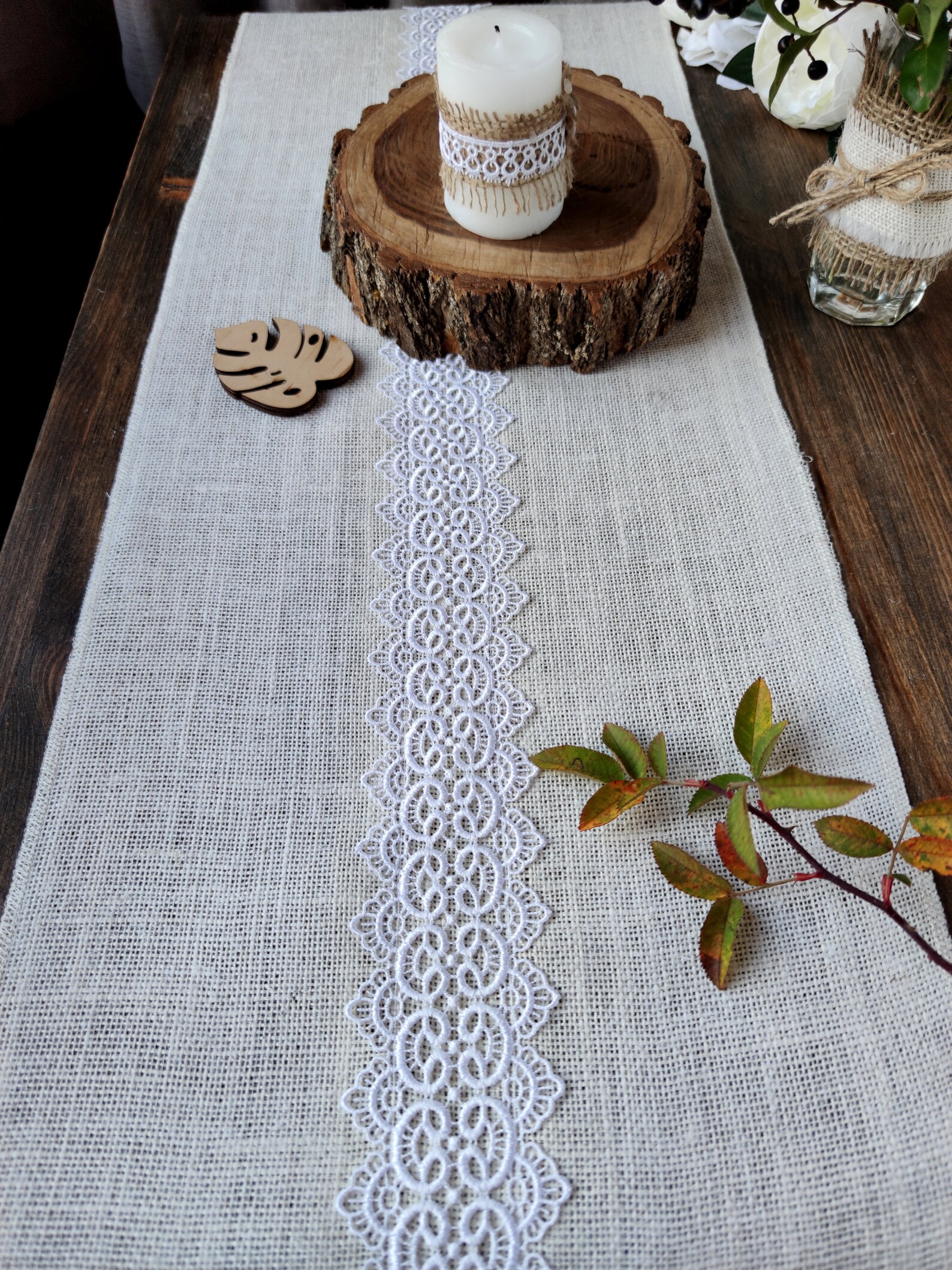 Ivory Burlap Table Runner With White Lace, Burlap Runner for Tabletop ...