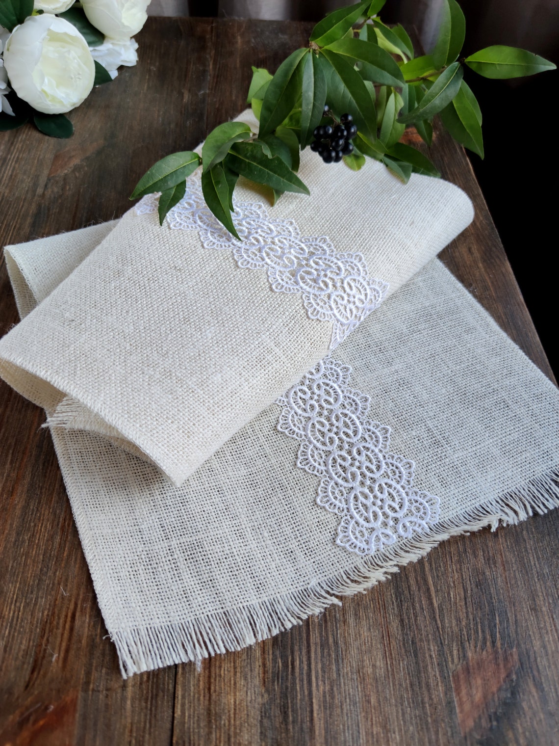 Ivory burlap table runner with white lace Burlap runner for | Etsy