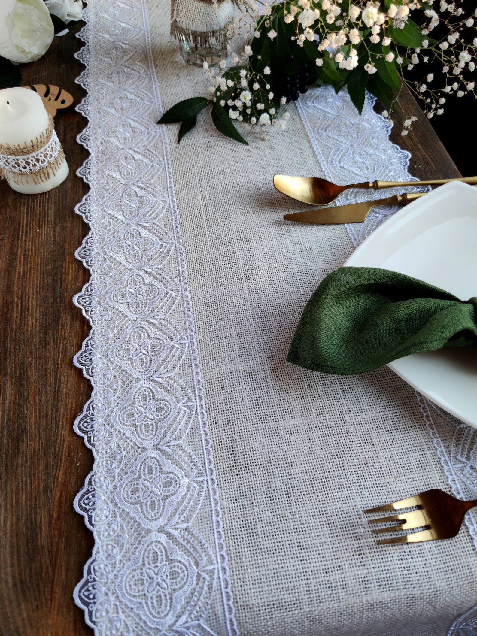 Wedding Table Runner, Ivory Burlap Table Runner With White Lace, Jute ...