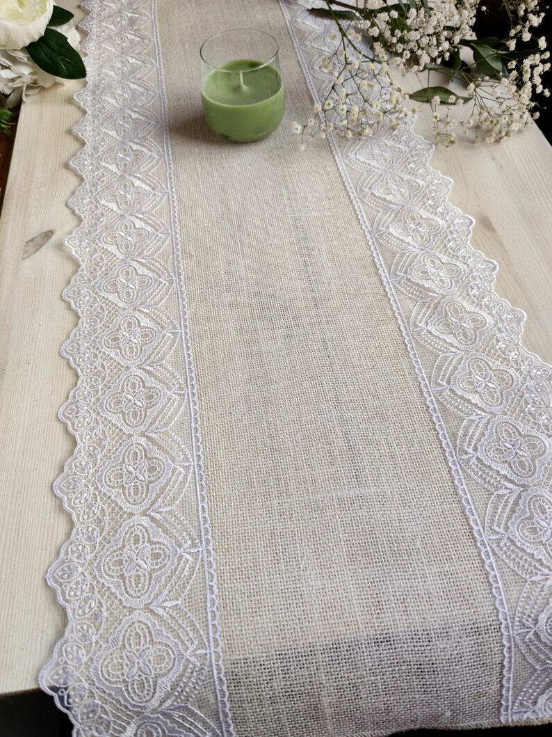 Wedding Table Runner, Ivory Burlap Table Runner With White Lace, Jute ...