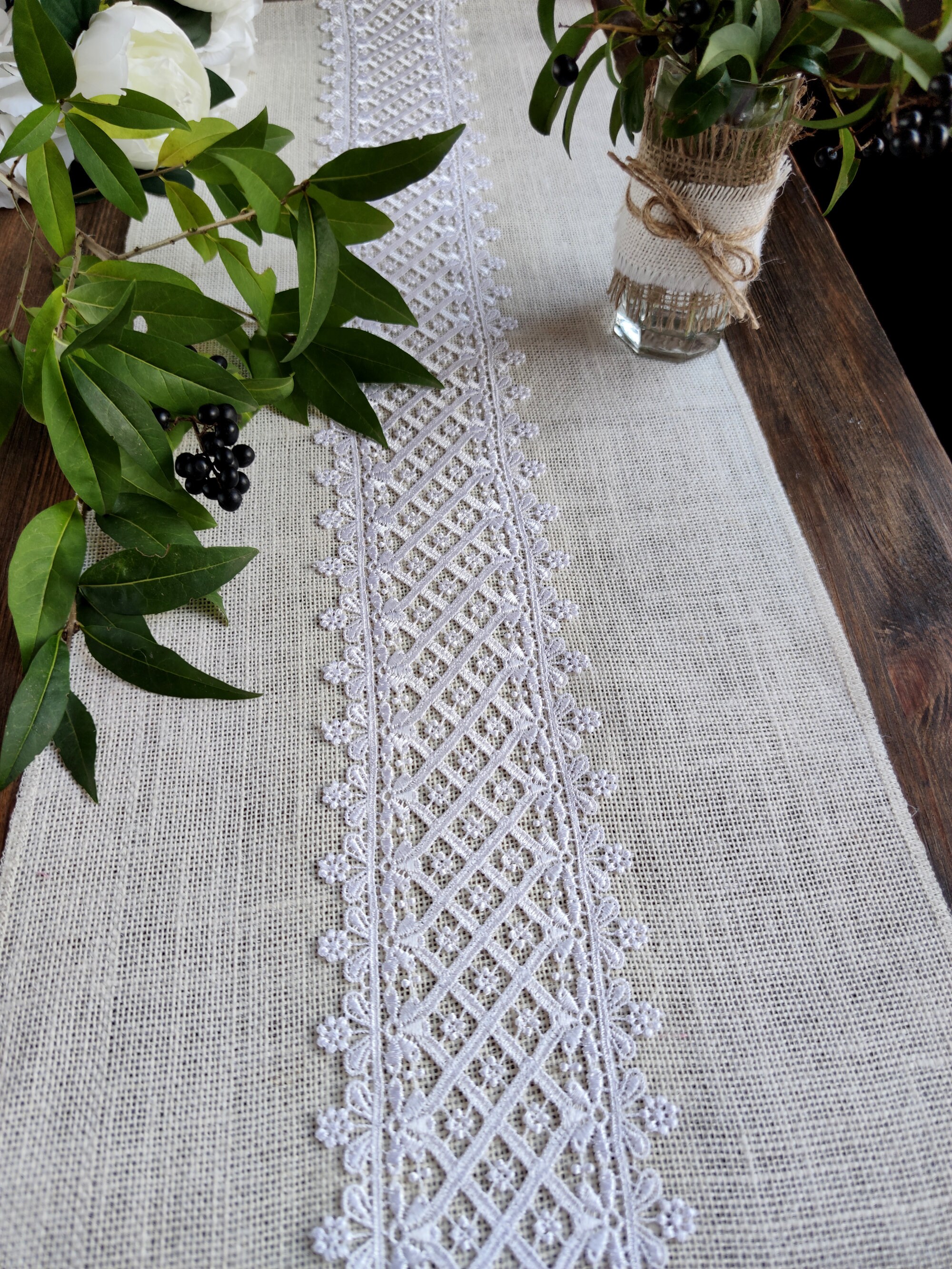 Ivory Burlap Table Runner With White Lace, Burlap Runner for Tabletop ...