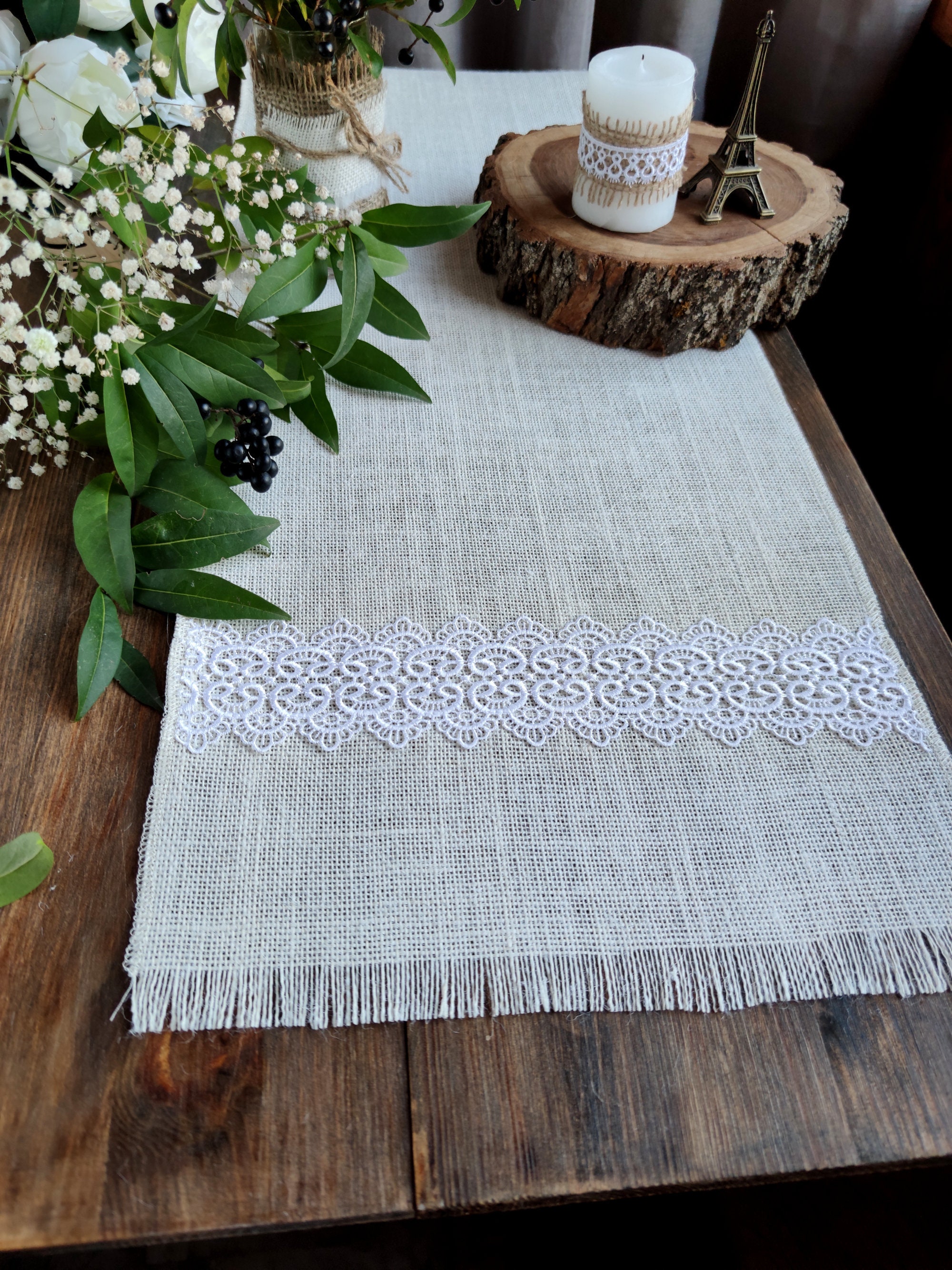 Ivory Burlap Table Runner With White Lace, Wedding Table Runner Fringed ...