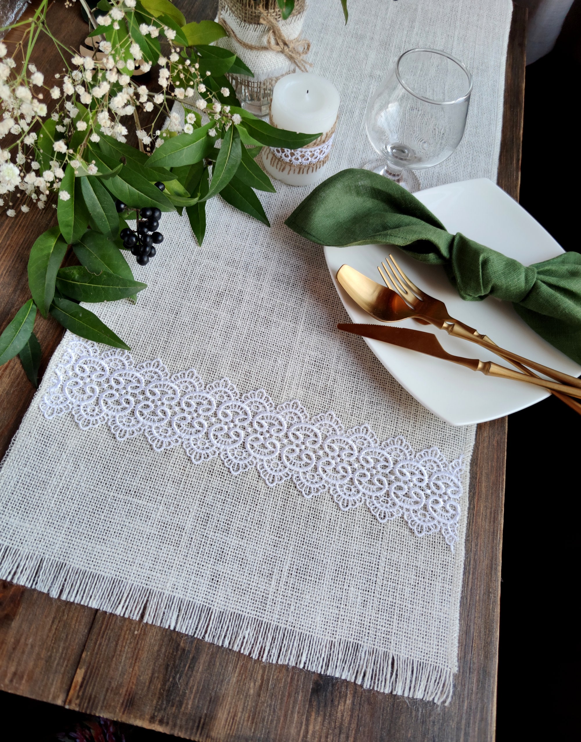 Ivory Burlap Table Runner With White Lace, Wedding Table Runner Fringed ...