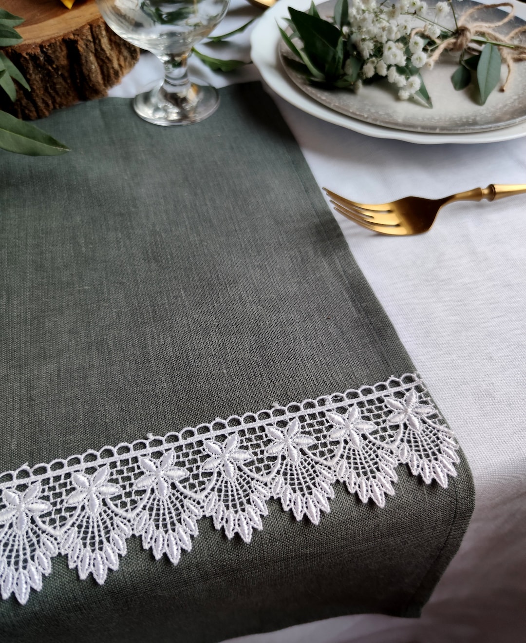 Dark Grey Linen Table Runner With White Lace, Linen Table Decor, Table ...