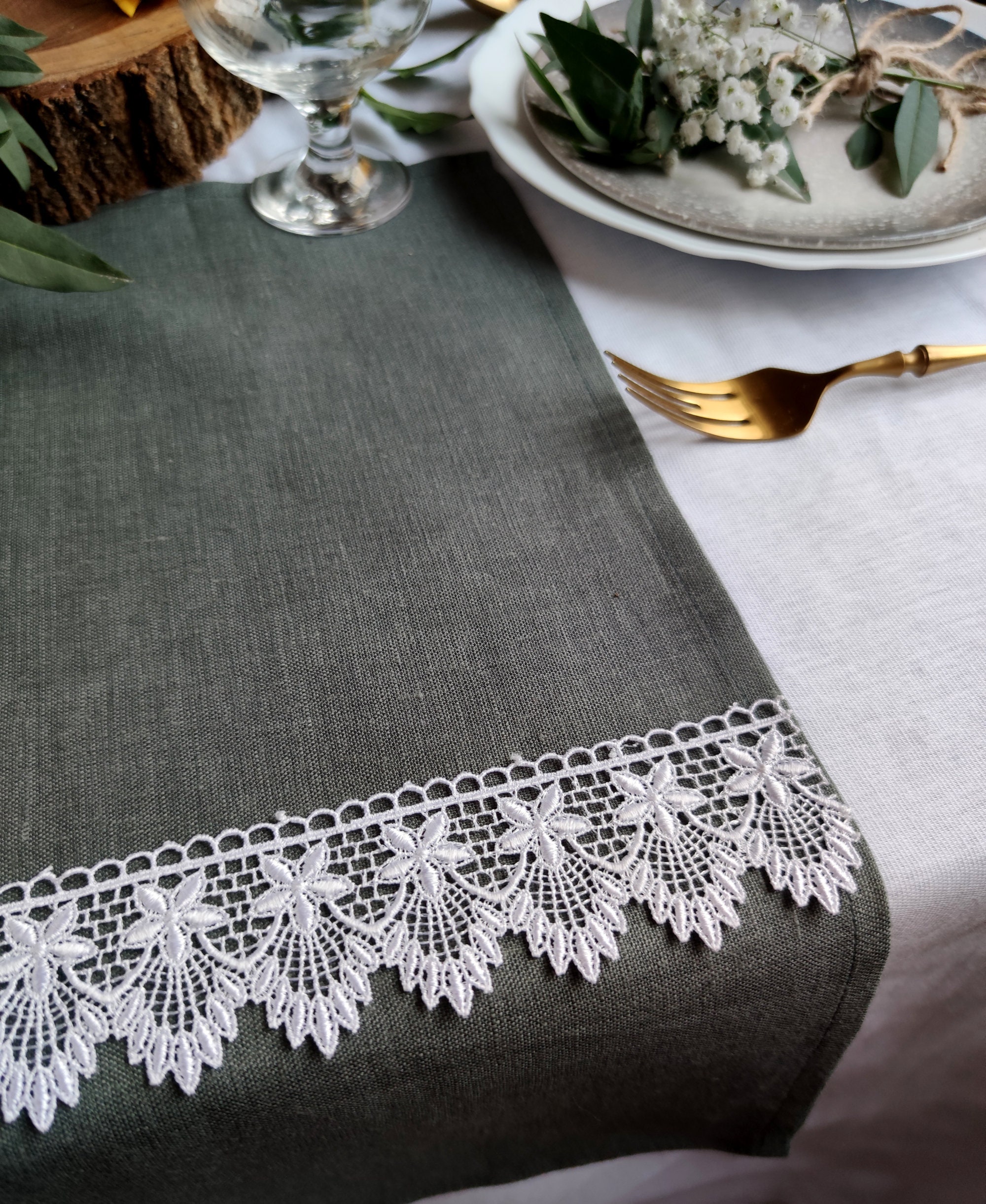 Dark grey linen table runner with white lace Linen Table | Etsy