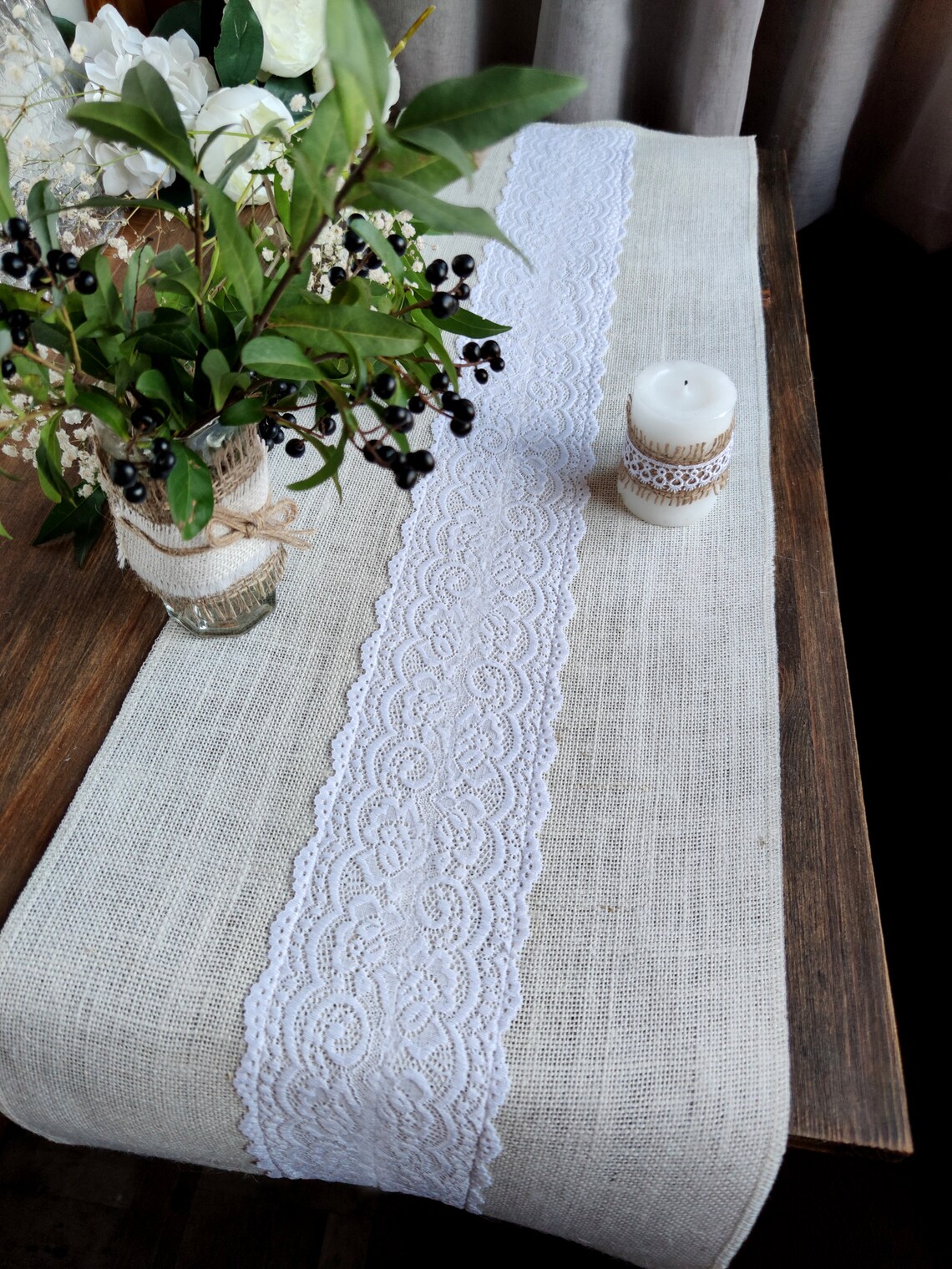 Burlap Table Runner Farmhouse, Ivory Burlap Table Runner With White ...