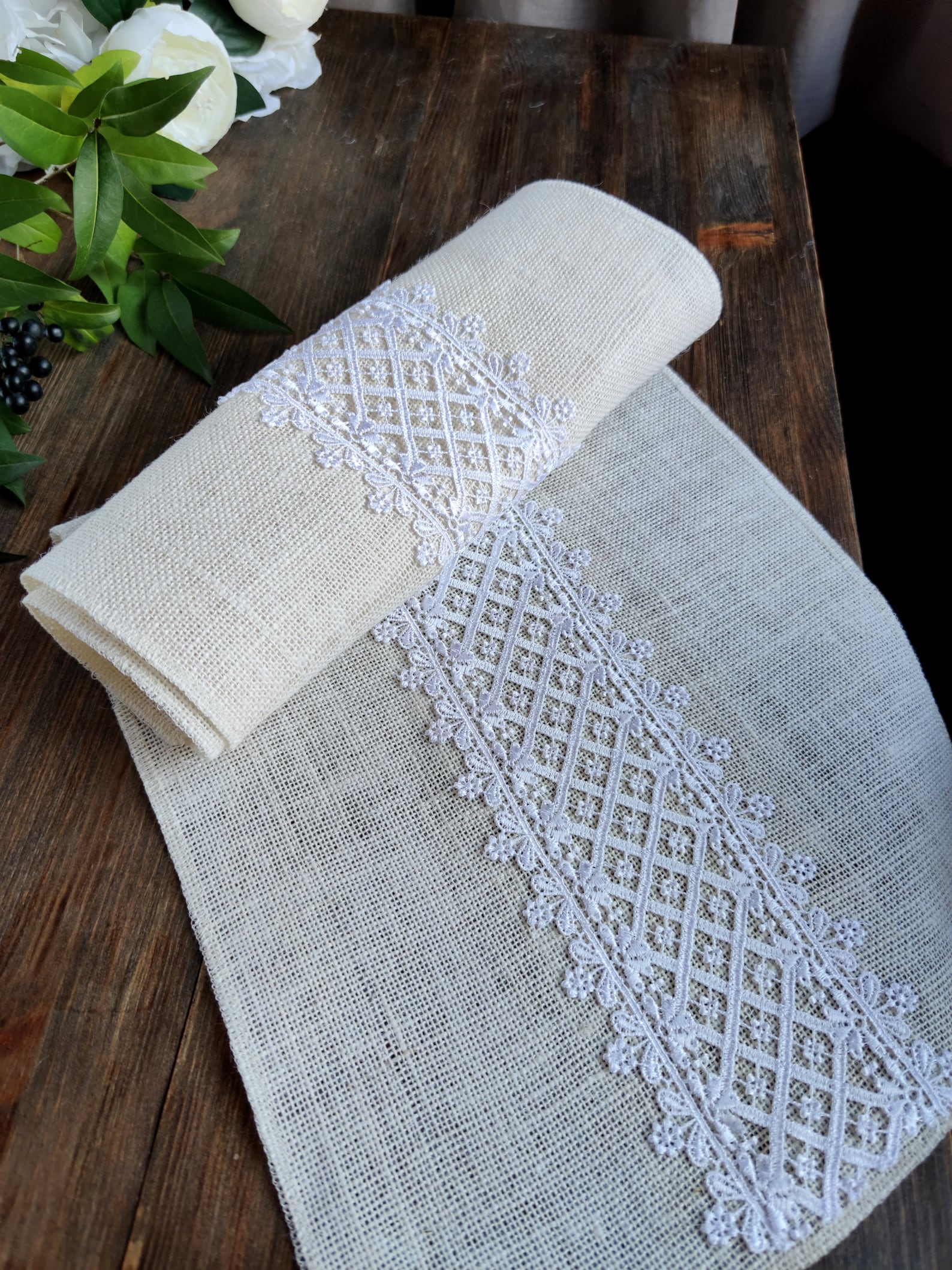 Ivory Burlap Table Runner With White Lace, Burlap Runner for Tabletop ...