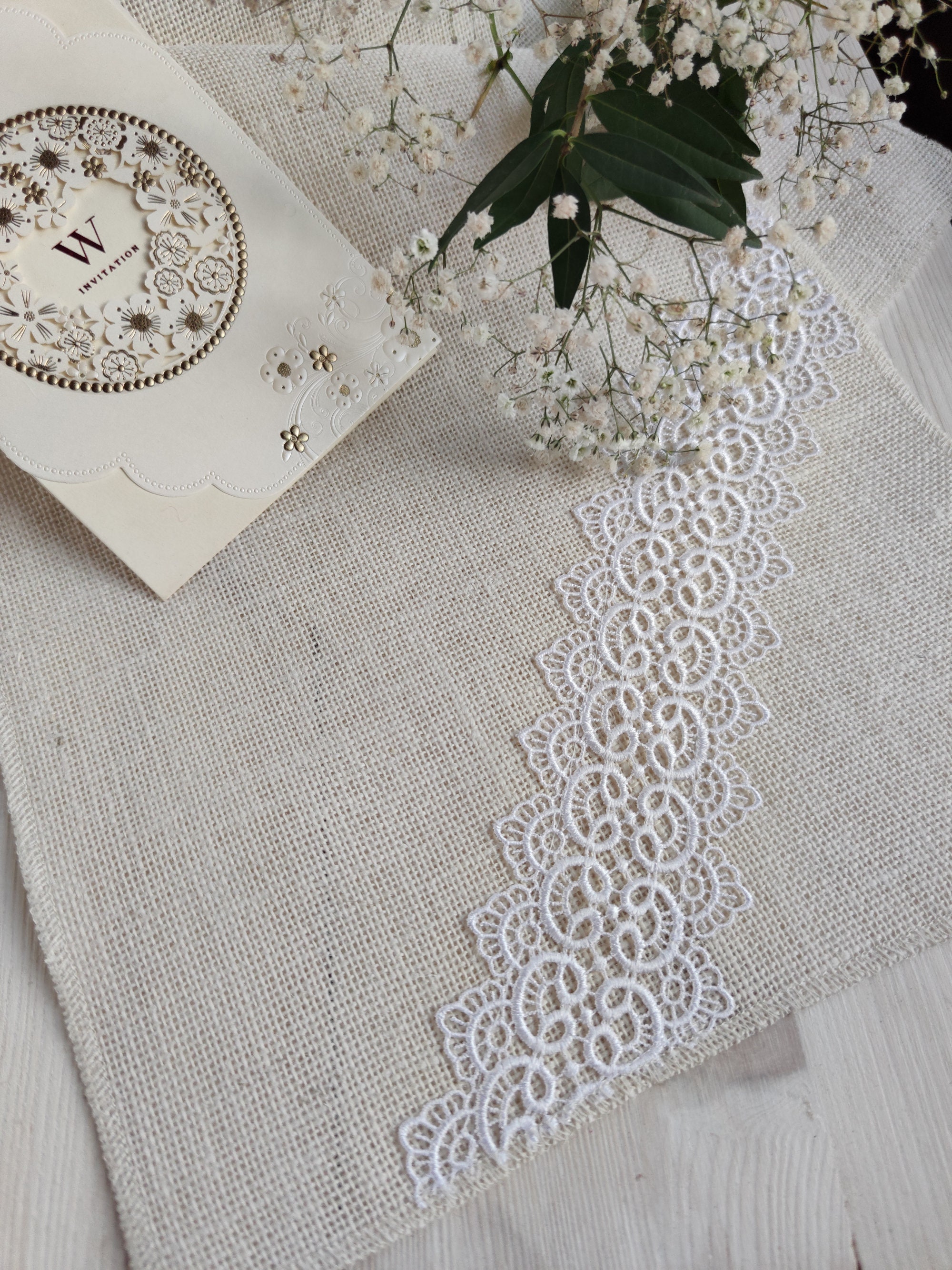 Wedding Table Runner, Ivory Burlap Table Runner With White Lace ...