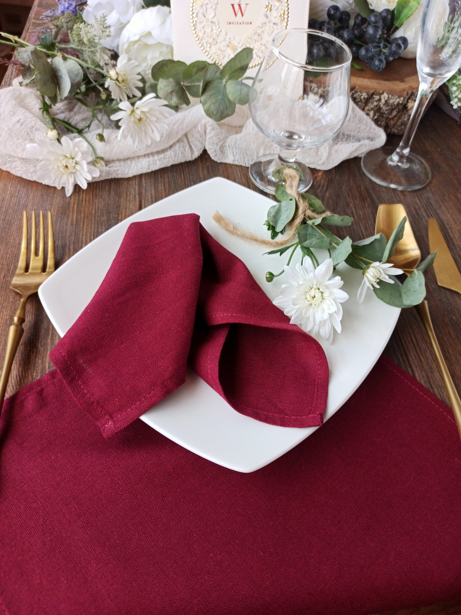 Cloth Napkin Set Burgundy Red Linen Viscose Napkins Dinner - Etsy