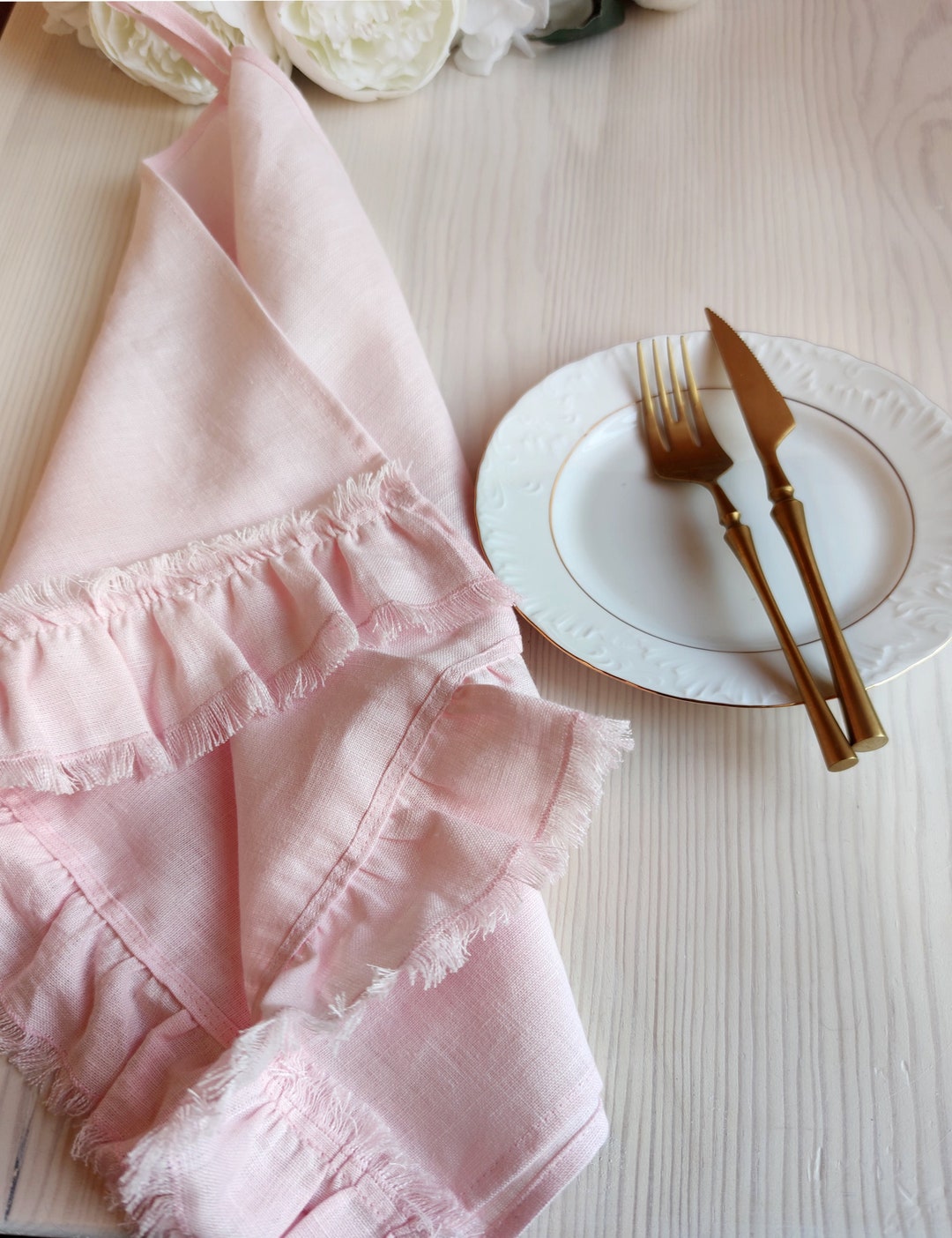 Ruffled Linen Tea Towel, Light Pink Linen Kitchen Towels Bulk, Soft ...