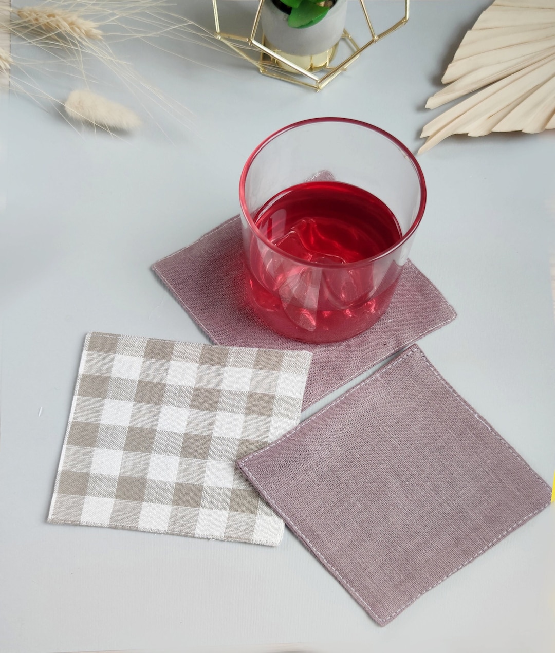 Linen Coasters Set of 2, 4, 6 Table Decor Reusable Coasters, Double ...